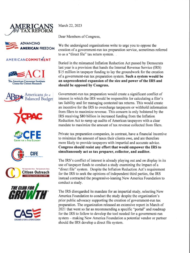 Letter On IRS-run Tax Preparation Service | PDF