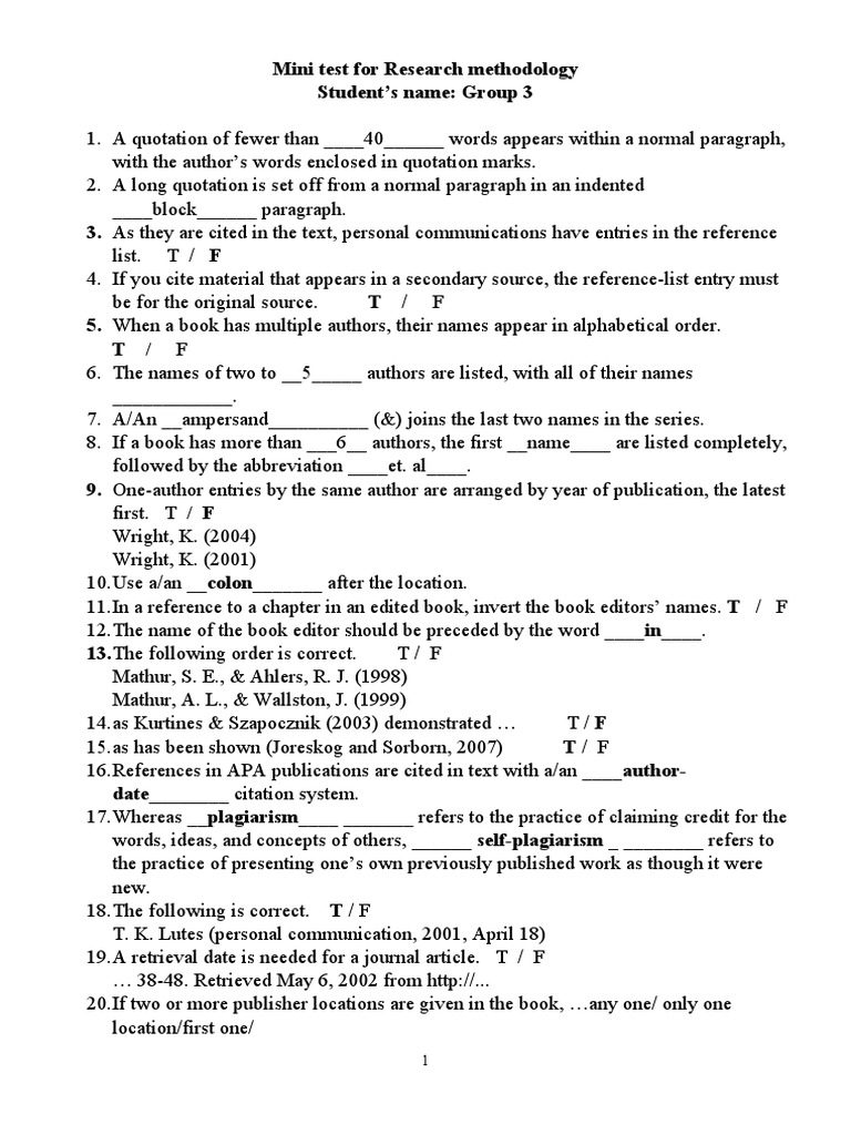 APA - Practice Test | PDF | Citation | Paragraph