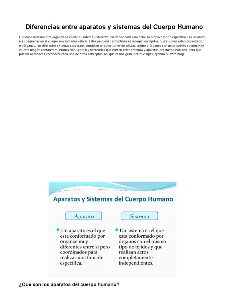 Diferencias Entre Aparatos y Sistemas Del Cuerpo Humano | PDF | Cuerpo ...