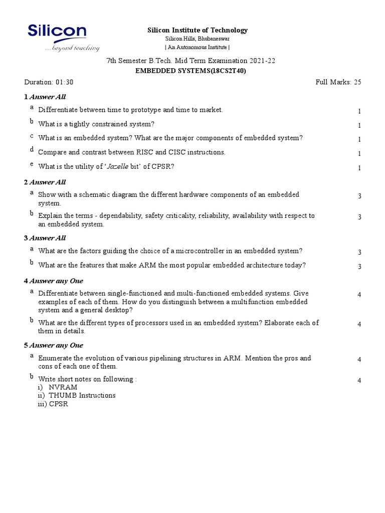 EMBEDDED SYSTEMS(18CS2T40) - Mid Term Exam - 2021-2022 | PDF | Embedded ...