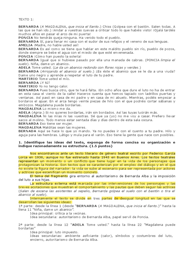 Comentario Resuelto de La Casa de Bernarda Alba | PDF | Verbo | Palabra