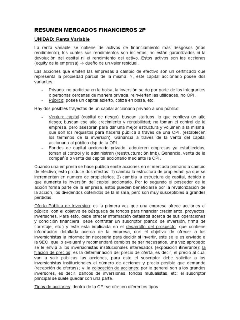 Resumen Mercados Financieros 2P | PDF | Compartir (Finanzas) | Opción (Finanzas)