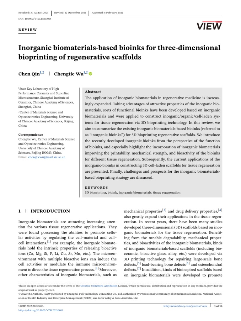 Inorganic Biomaterials Based Bioinks For Three Dimensional Bioprinting ...
