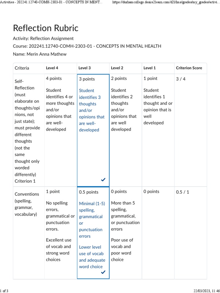 Reflection Assignment Rubric | PDF | Vocabulary | Learning