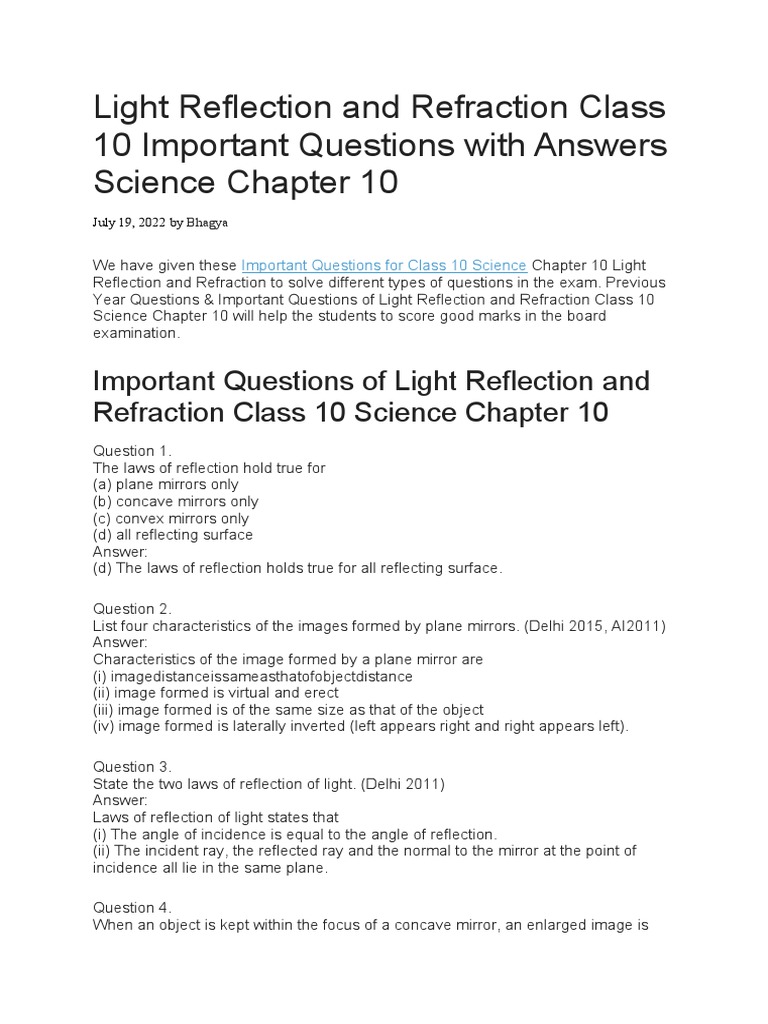Light Reflection and Refraction Class 10 Important Questions | PDF ...