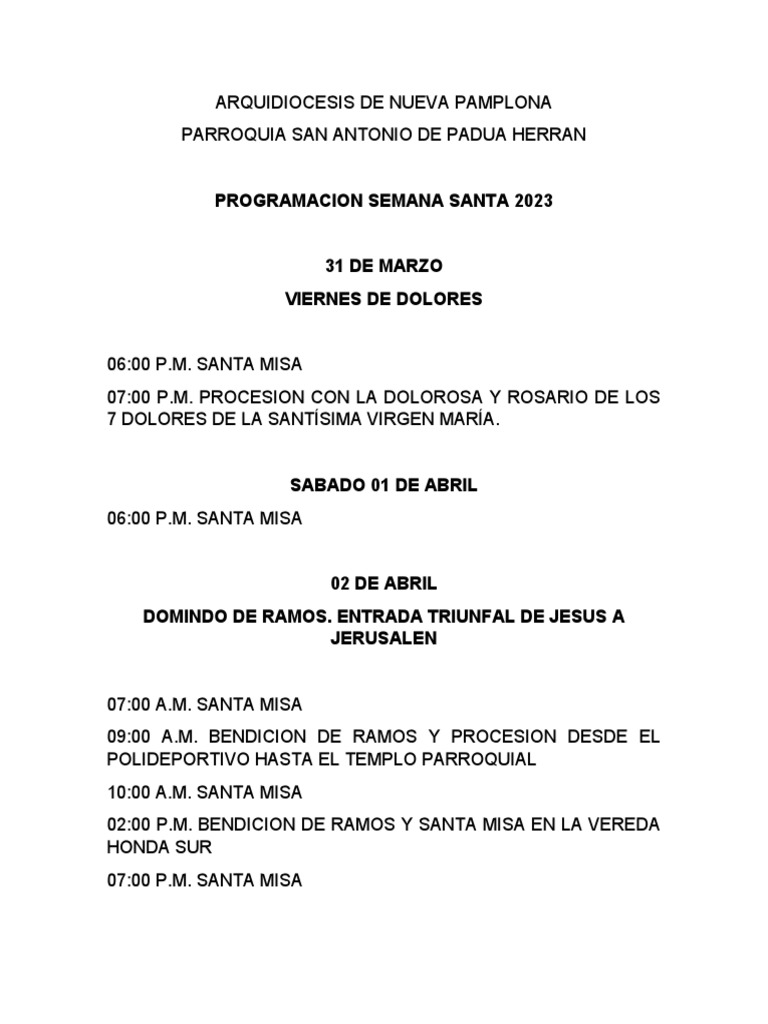 Programacion Semana Santa 2023 | PDF | Pascua de Resurrección | Misa (liturgia)