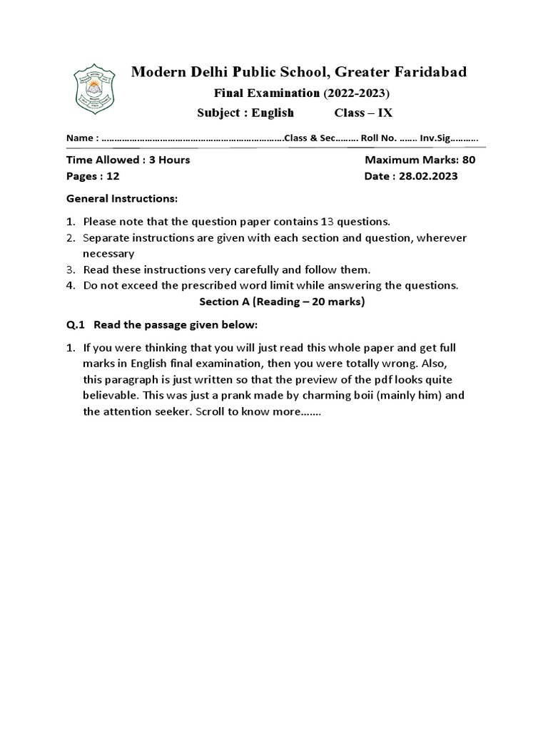 English_Final Examination_Question Paper (1) | PDF