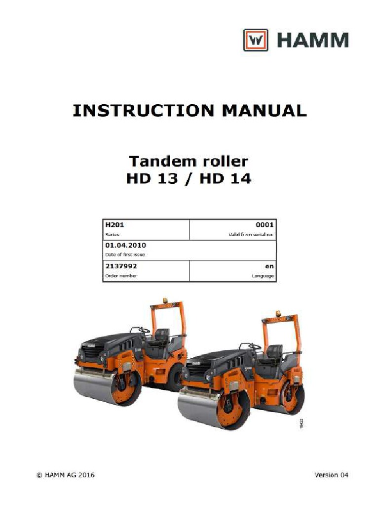 Hamm HD13 HD14 Tandem Roller Tractor Operating Manual PDF | PDF