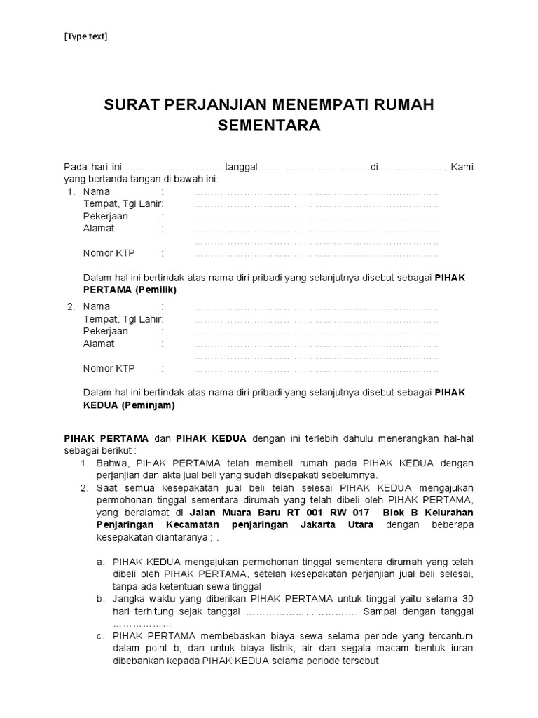 Surat Perjanjian Tinggal Sementara | PDF