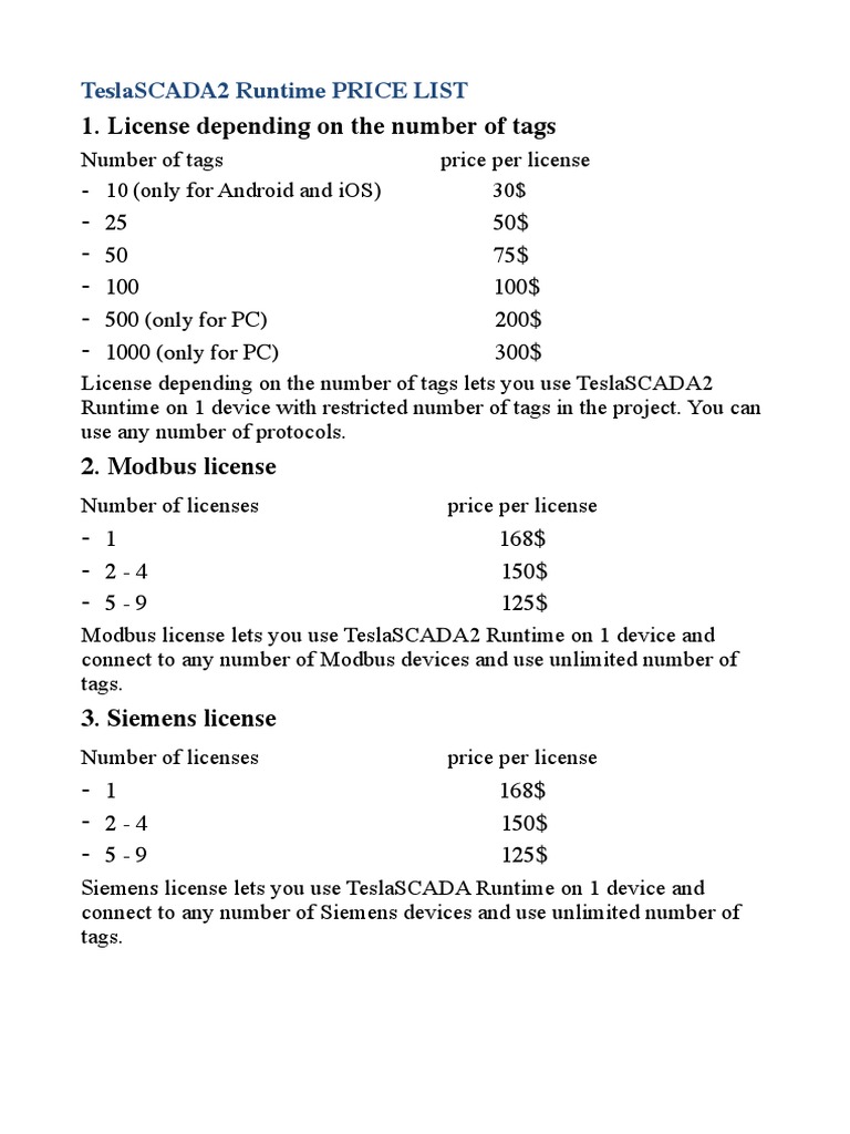TeslaSCADA Ver 2 Price List PDF | PDF | Computer Engineering | Computing