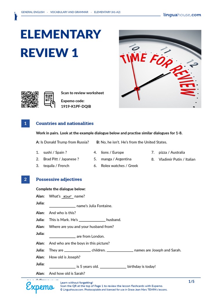 Elementary Review 1 American English Student PDF | PDF | Linguistics