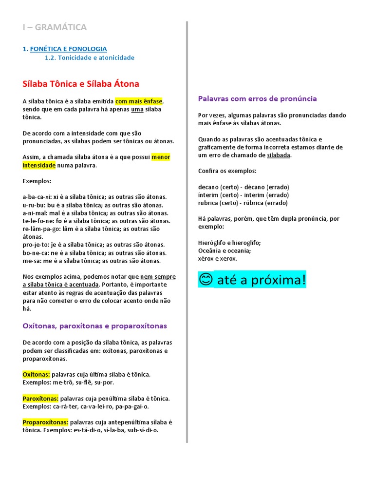 Aula02 - Gramatica - Tonicidade e Atonicidade | PDF