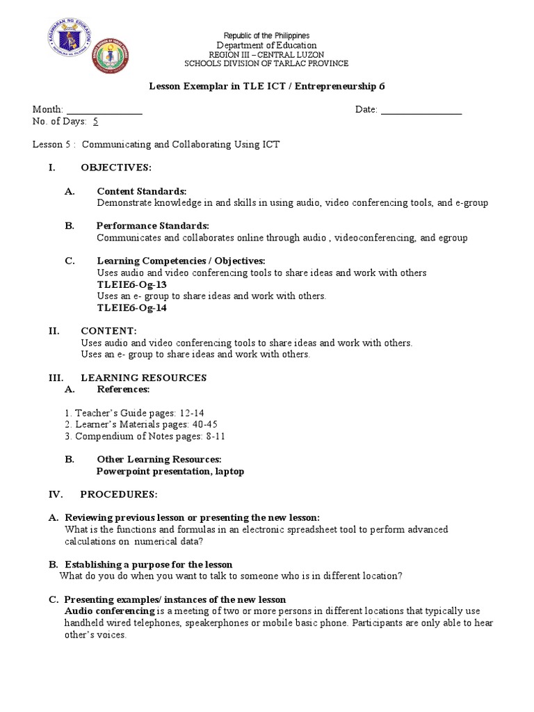 Grade 6 ICT Lesson: Video Conferencing | PDF