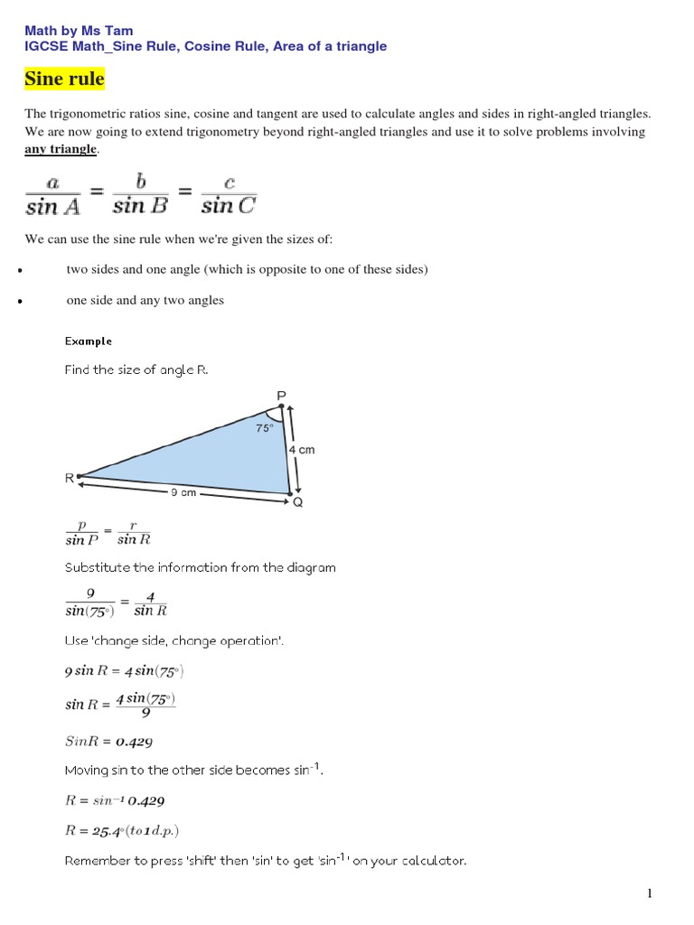 Notes - IGCSE Math - Sine Cosine Rule and Area of A Triangle PDF | PDF ...