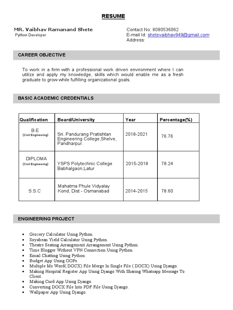 CV Vaibhav Shete PDF | PDF | Object Oriented Programming | Databases