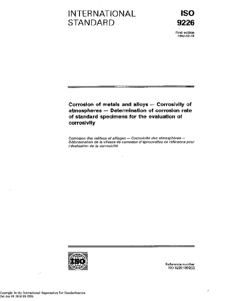 ISO 9226:1992(E) Corrosion Rate Standard Specimens | PDF | Corrosion ...