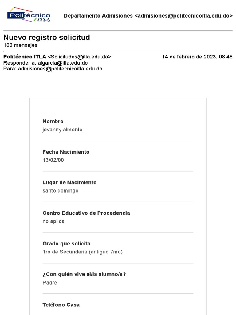 Correo de Politécnico ITLA - Nuevo Registro Solicitud PDF | PDF ...