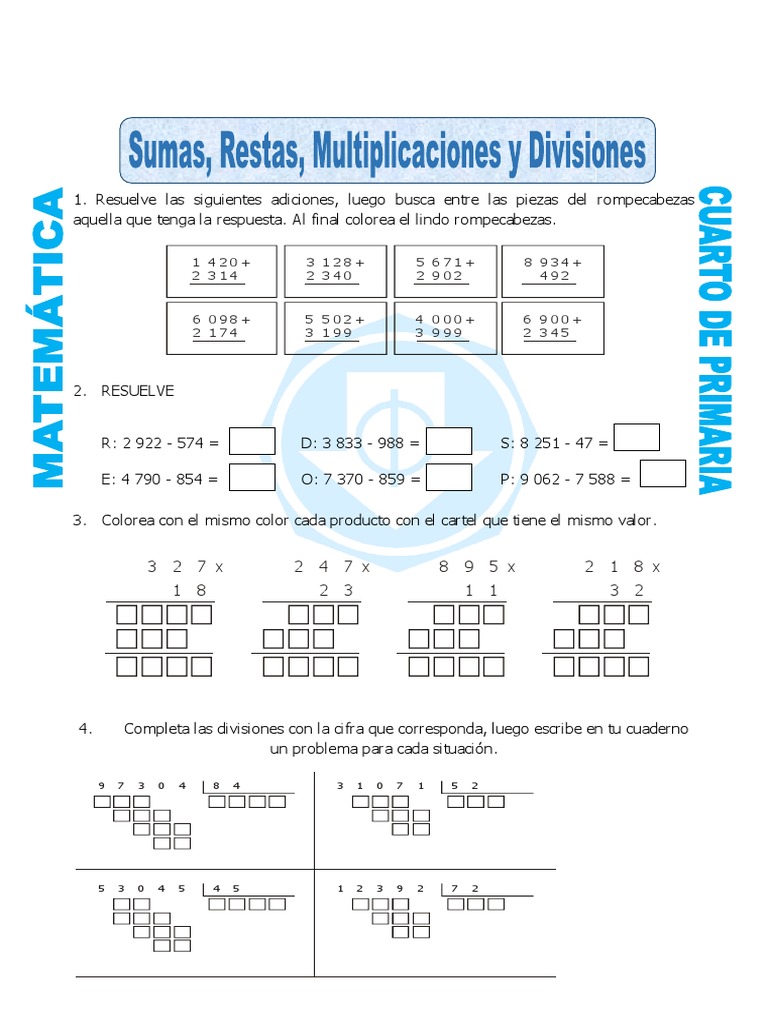 Ejercicios de Sumas y Restas 4to Grado | PDF