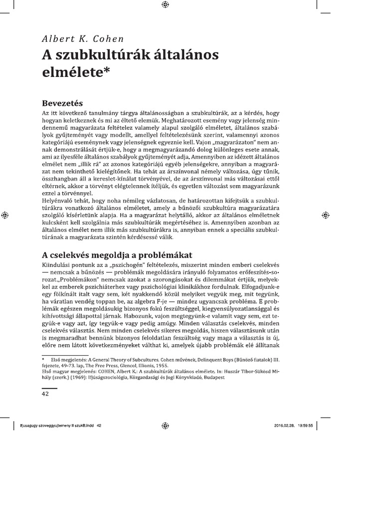 Alber K. Cohen A Szubkultúrák Általános Elmélete PDF | PDF