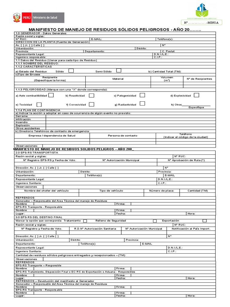 MANIFIESTO de MANEJO DE RESIDUOS SÓLIDOS PELIGROSOS- MRSP | PDF | Residuos