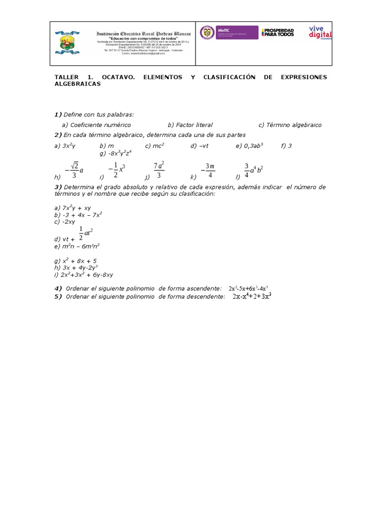 Taller 1. Octavo. Elementos y Clasificación de Expresiones Algegraicas ...