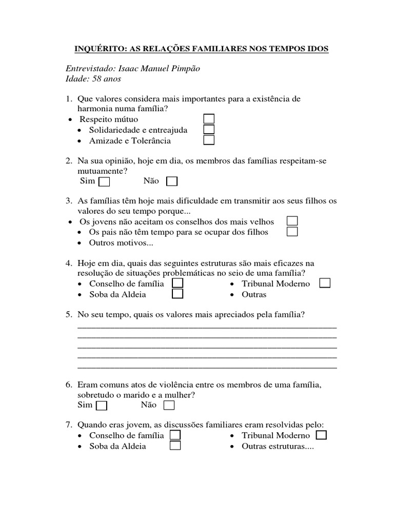 Inquérito - Relações Familiares Nos Tempos Dos Nossos Pais | PDF ...