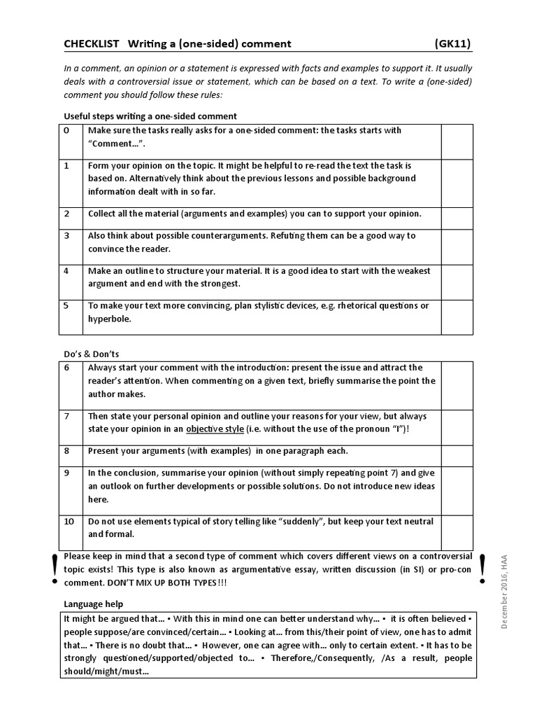 CHECKLISTWriting A One-Sided Comment | PDF | Argument | Opinion