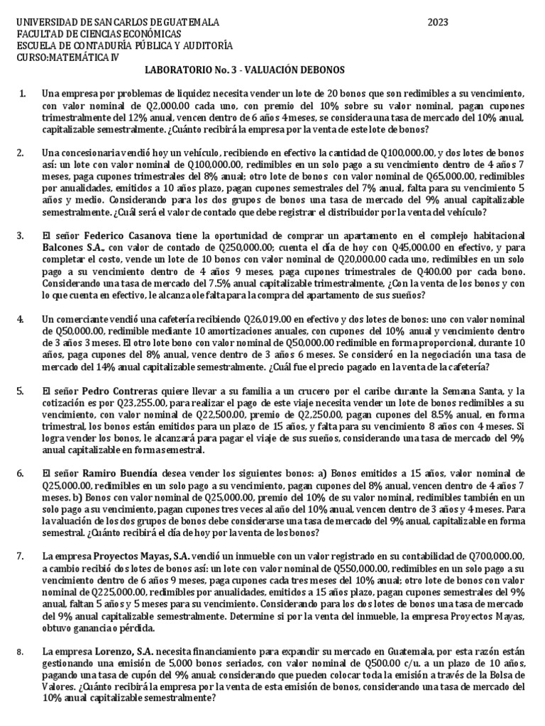 Laboratorio No. 3 Mate IV-2023 | PDF | Bonos (Finanzas) | Cupón