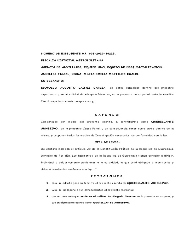 Escrito De Querellante Adhesivo PDF