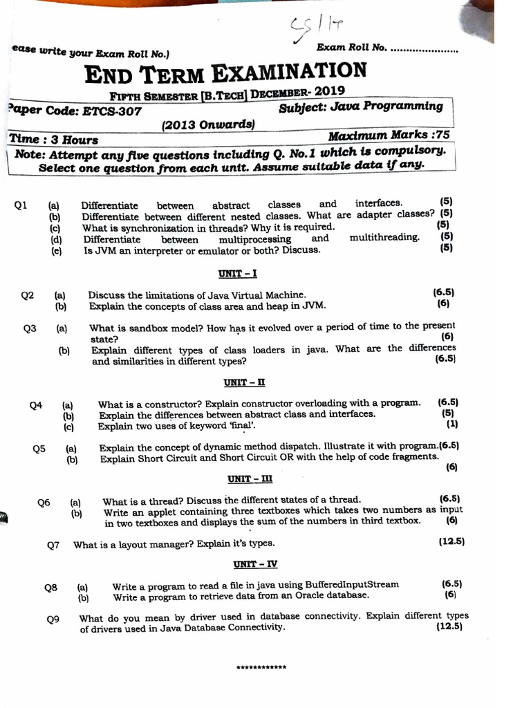 Java Questions Paper 2015-19 | PDF | Class (Computer Programming) | Java (Programming Language)