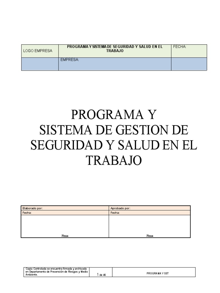 Modelo Programa y Sistema de Gestion de Seguridad y Salud en El Trabajo V3 | PDF | Riesgo ...