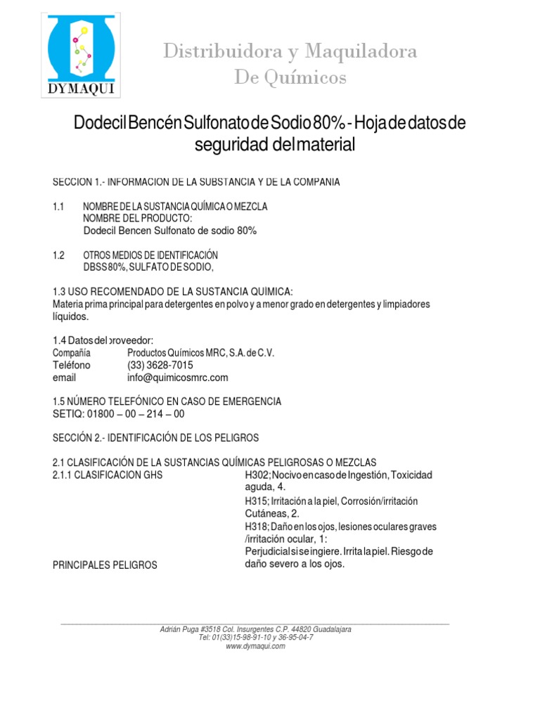Dodecil Bencén Sulfonato de Sodio 80 - DBSS | PDF | Agua | Química Dodecil Bencén Sulfonato de Sodio 80 - DBSS | PDF | Agua | Química