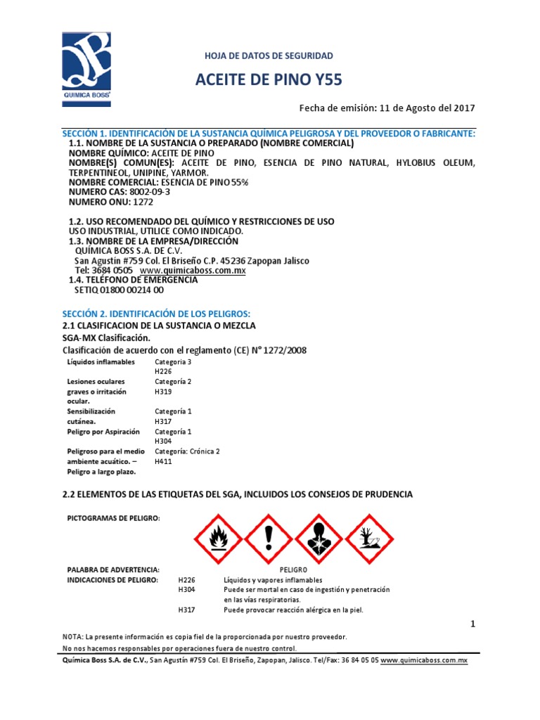 HDS - Aceite de Pino 55 | PDF | Agua | Toxicidad