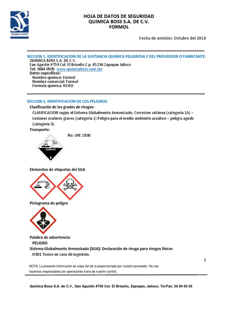 HDS - Formol | PDF | Agua | Formaldehído