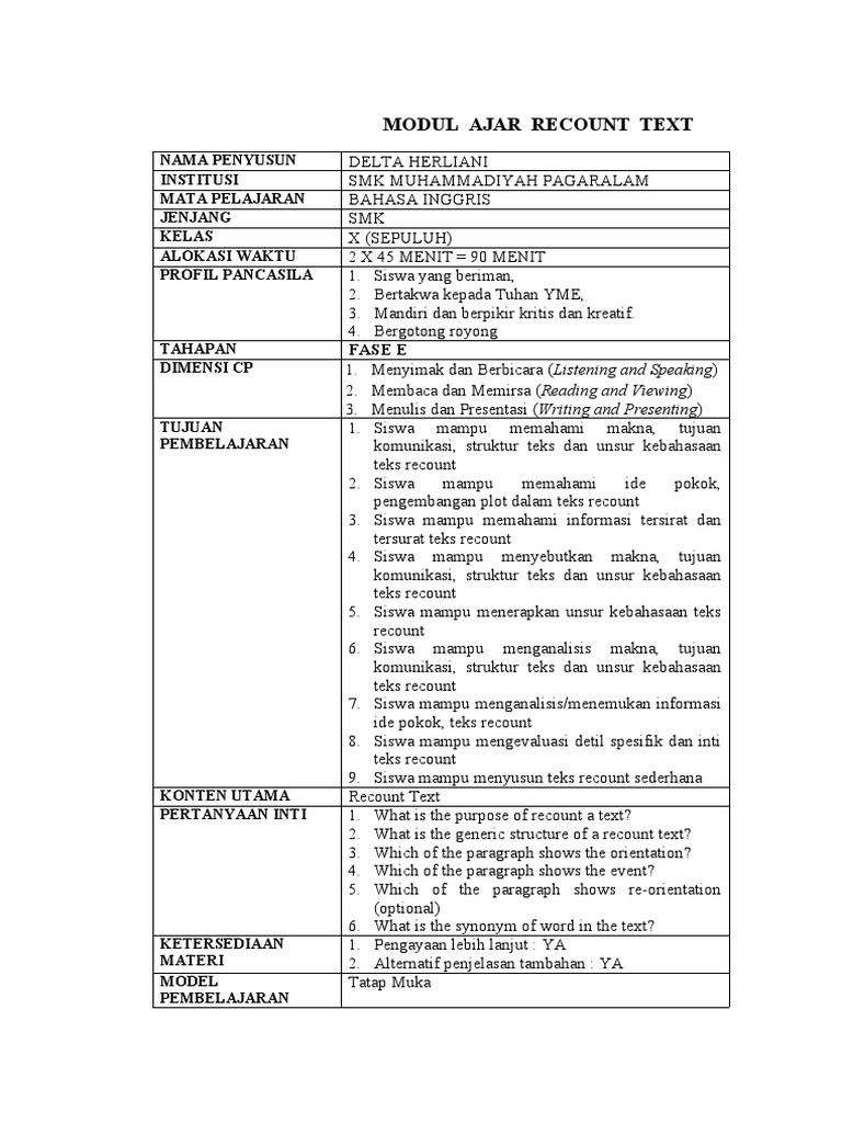 Modul Ajar - Recount Text | PDF