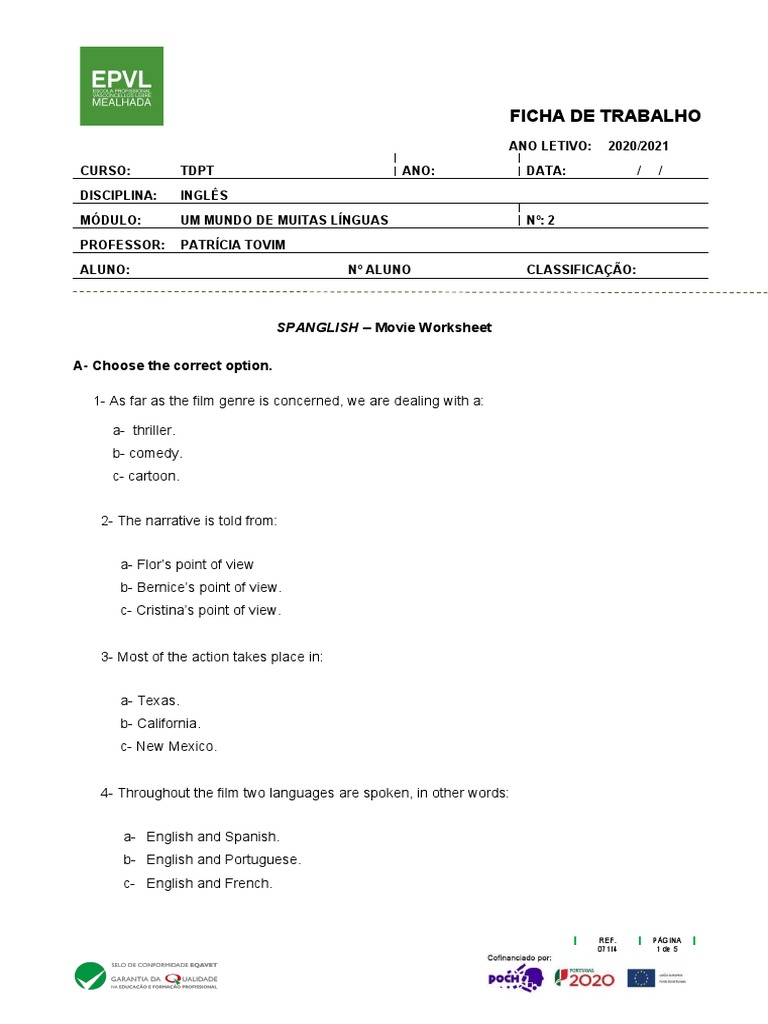 Ficha Trabalho Spanglish | PDF
