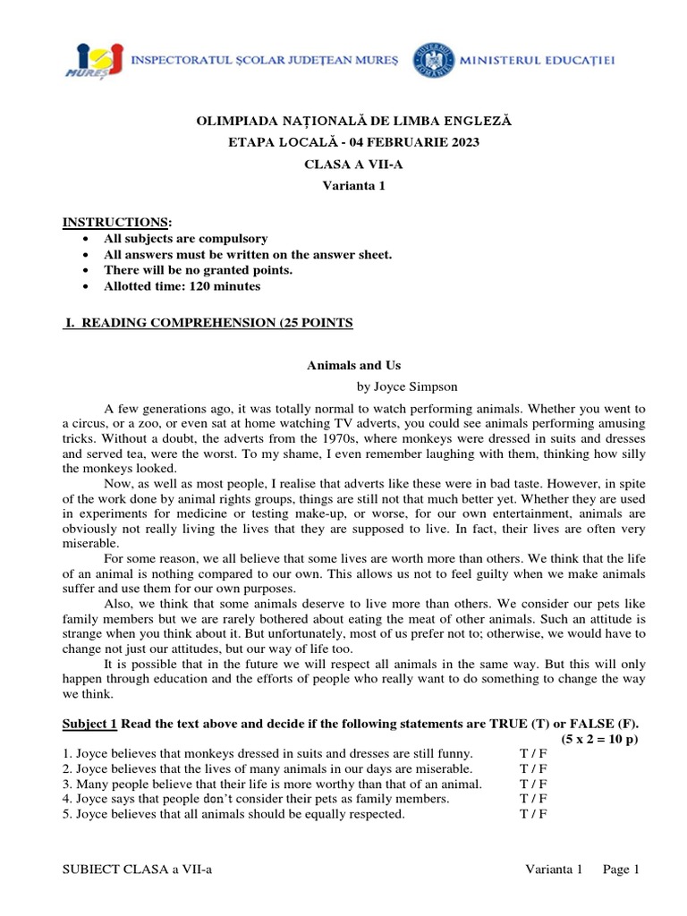 Ole Locala 2023 Cls 7 Subiect Varianta 1 | PDF