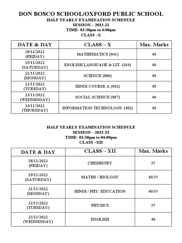 Time Table For Half Yearly Examination 2022-23 | PDF