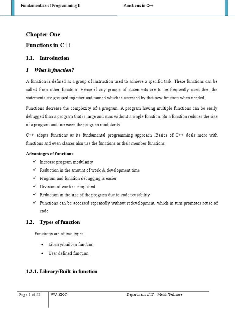 Chapter 1 - Functions in C++ | PDF | Parameter (Computer Programming) | Scope (Computer Science)