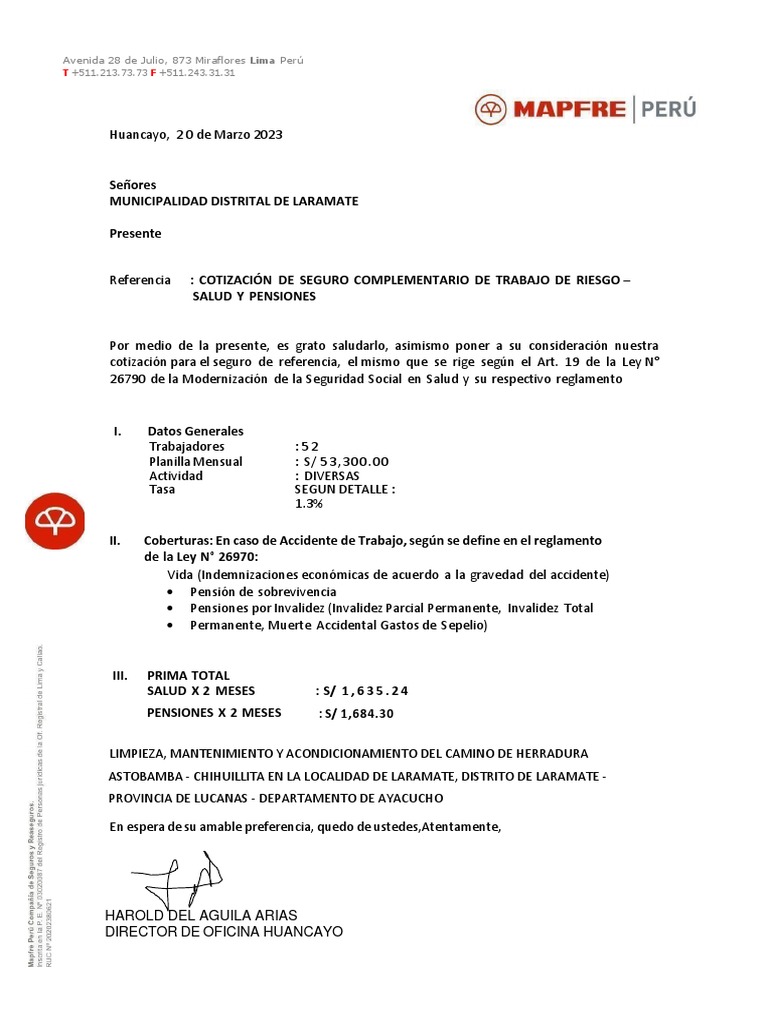 Cotizacion SCTR Salud y Pension Mapfre Municipalidad Distrital de Luramate | PDF