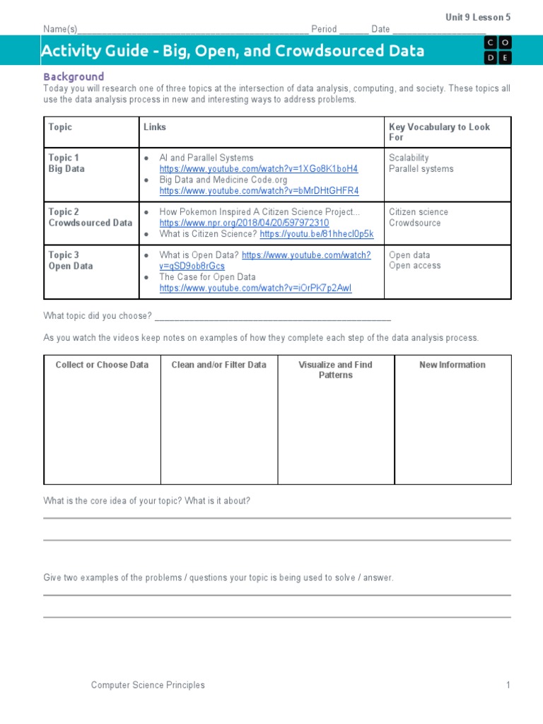 Activity Guide - Big, Open, and Crowdsourced Data - Unit 9 Lesson 5 | PDF