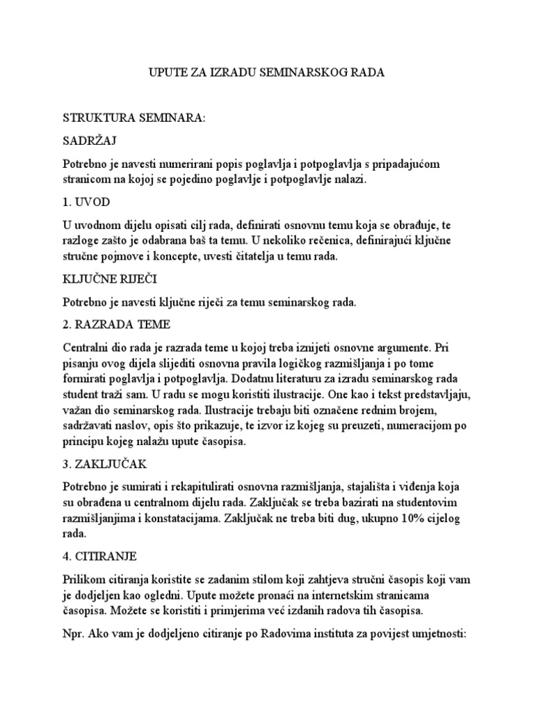 UPUTE ZA IZRADU SEMINARSKOG RADA Metodologija | PDF