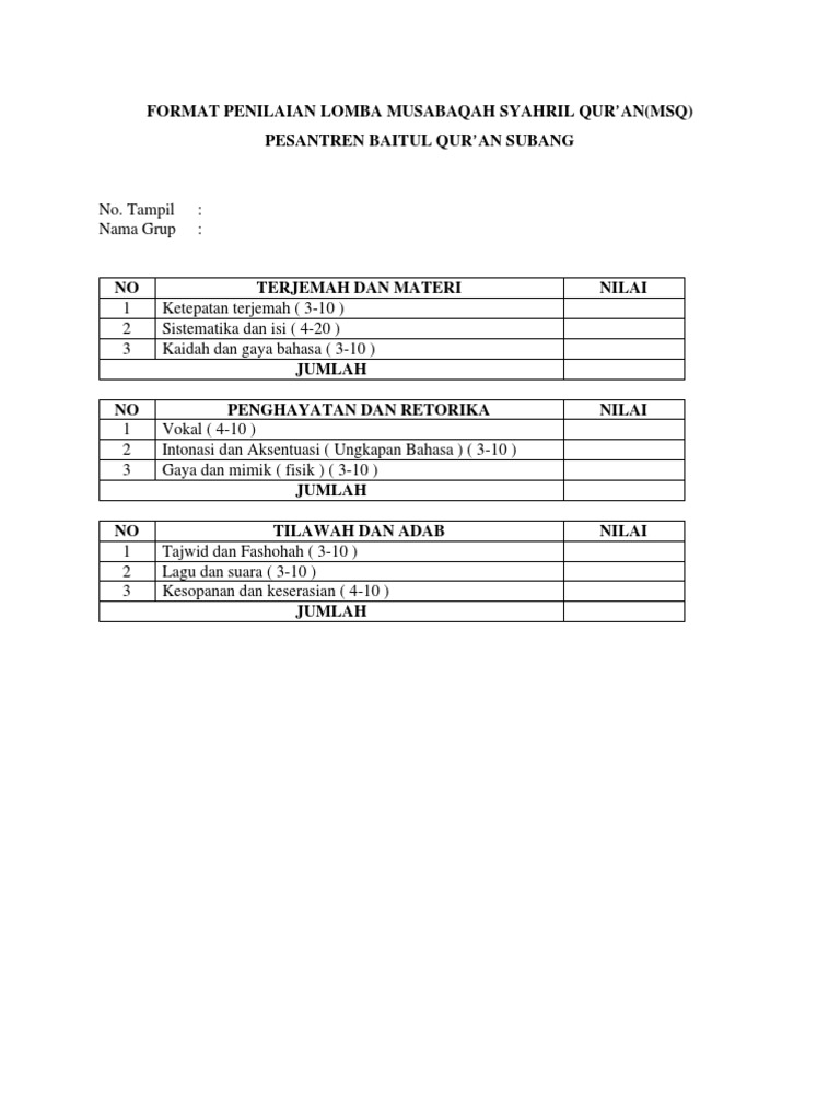 Penilaian Lomba MSQ Pesantren Baitul Qur'an | PDF