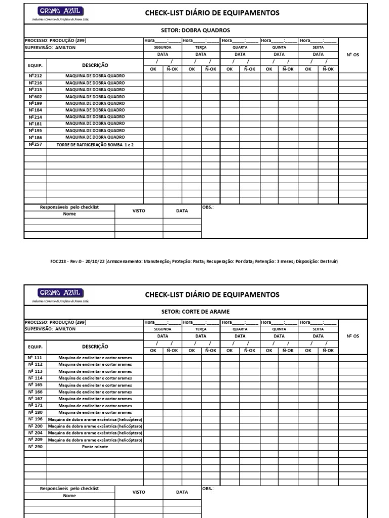 Foc218 - Check-List Diário de Equipamentos | PDF | Bens manufaturados ...