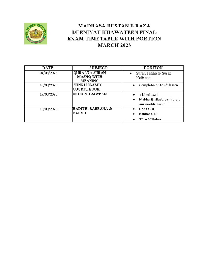 Deeniyat Khawateen Final Exam Timetable With Portion | PDF