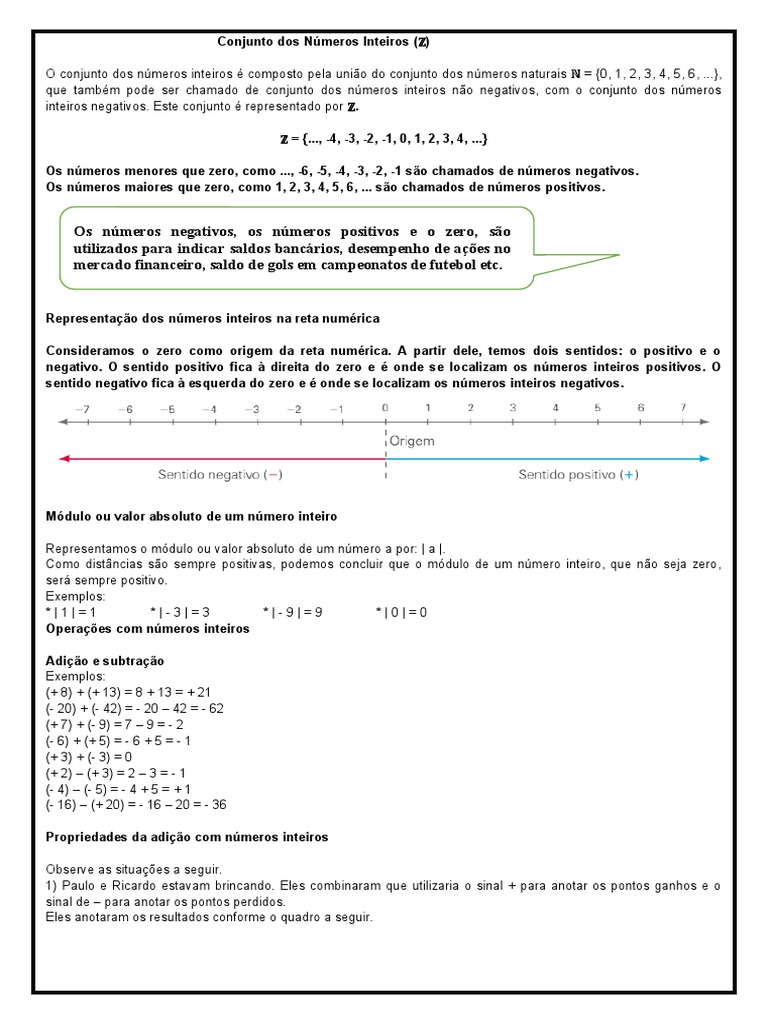 Conjunto Dos Números Inteiros (7ºano) | PDF | Número inteiro | Números