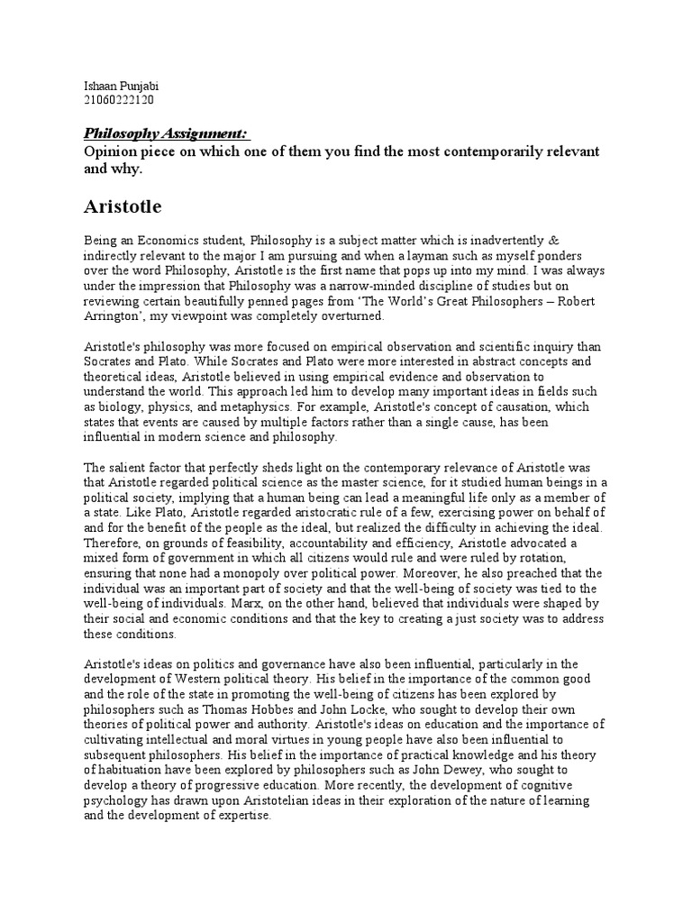 Ishaan Punjabi Philosophy Assignment | PDF | Aristotle | Plato