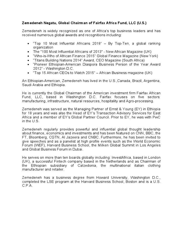 Zemedeneh Negatu Profile Apr | PDF | Business | Finance & Money Management