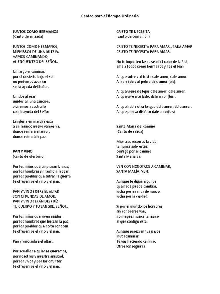 Cantos para La Misa Tiempo Ordinario. | PDF | Amor | Misa (liturgia)