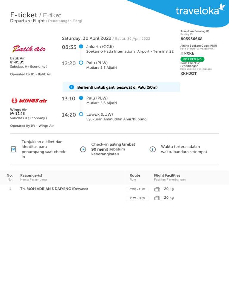 Moh Adrian S Daiyeng-CGK-KKHJQT-LUW-FLIGHT - ORIGINATING | PDF